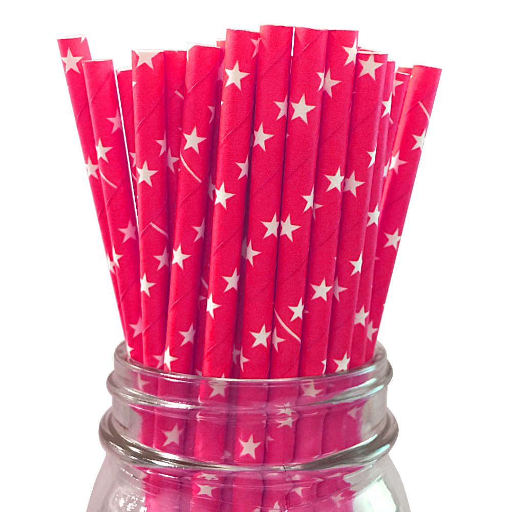 Hot Pink with White Stars 25pc Paper Straws
