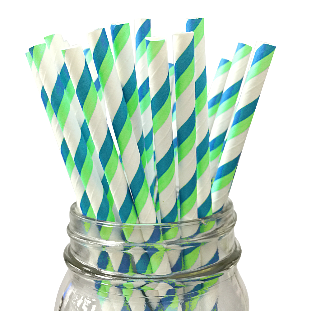 Lime Green and Turquoise Striped 25pc Paper Straws